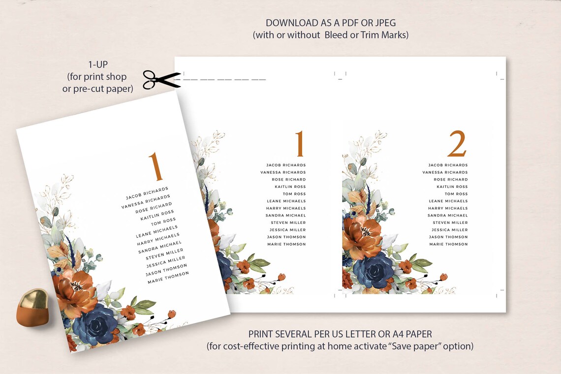 SIA Editable Wedding Seating Chart With Cards Burnt Orange - Etsy