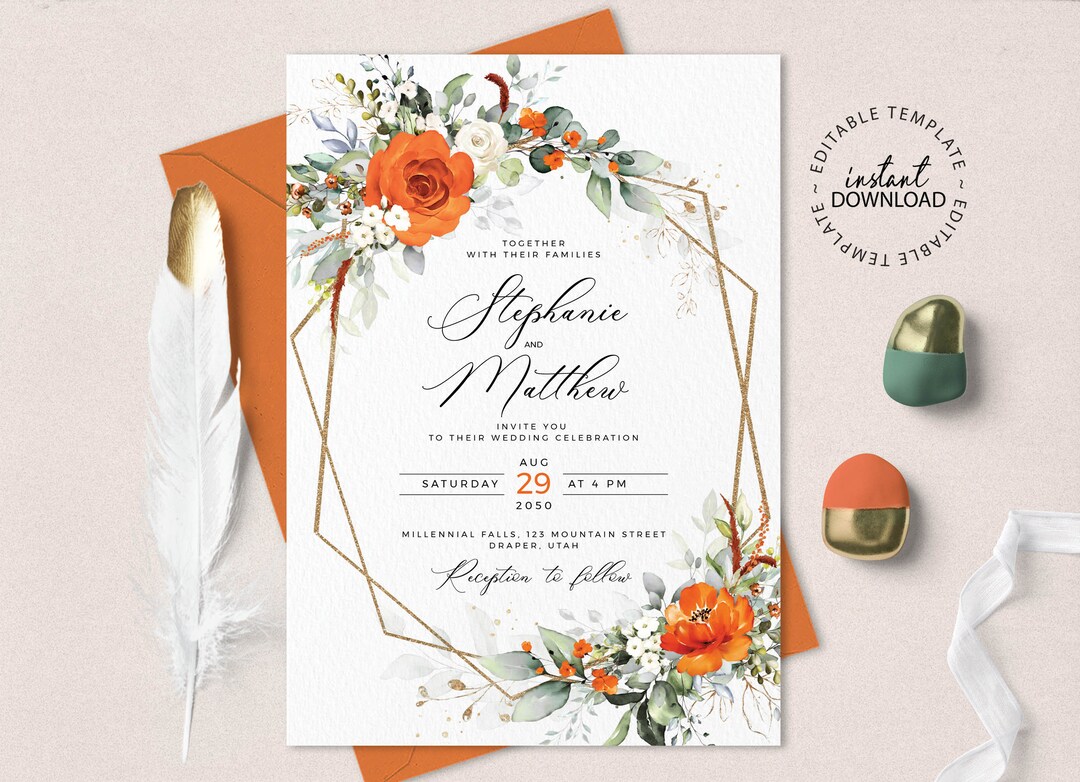 Editable Floral Wedding Invitation Template, INSTANT DOWNLOAD, Orange ...