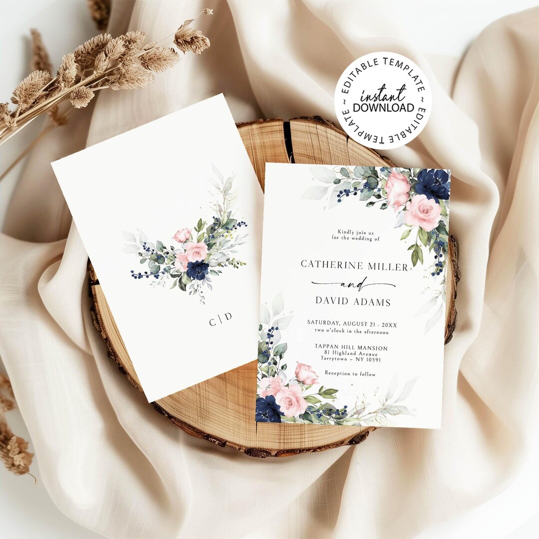 Editable Pink and Blue Invitation Template, Floral Wedding Invite ...