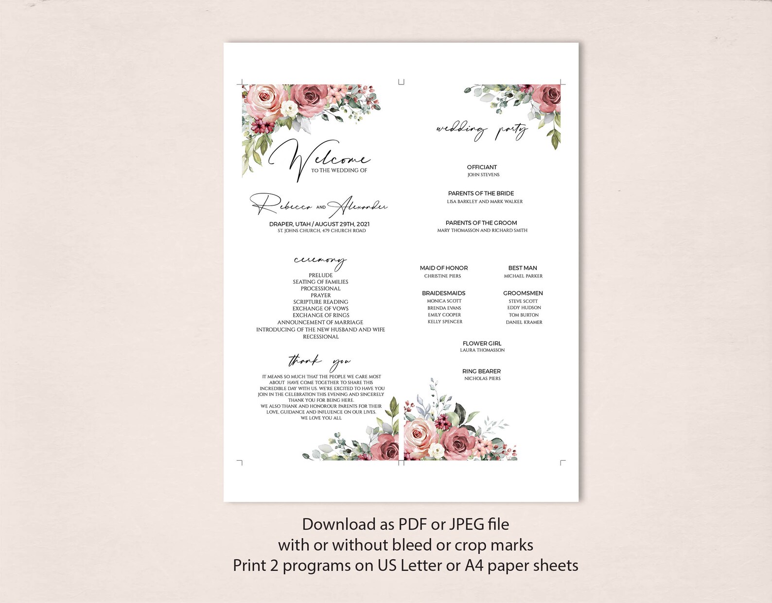 Editable Floral Wedding Program Template INSTANT DOWNLOAD | Etsy
