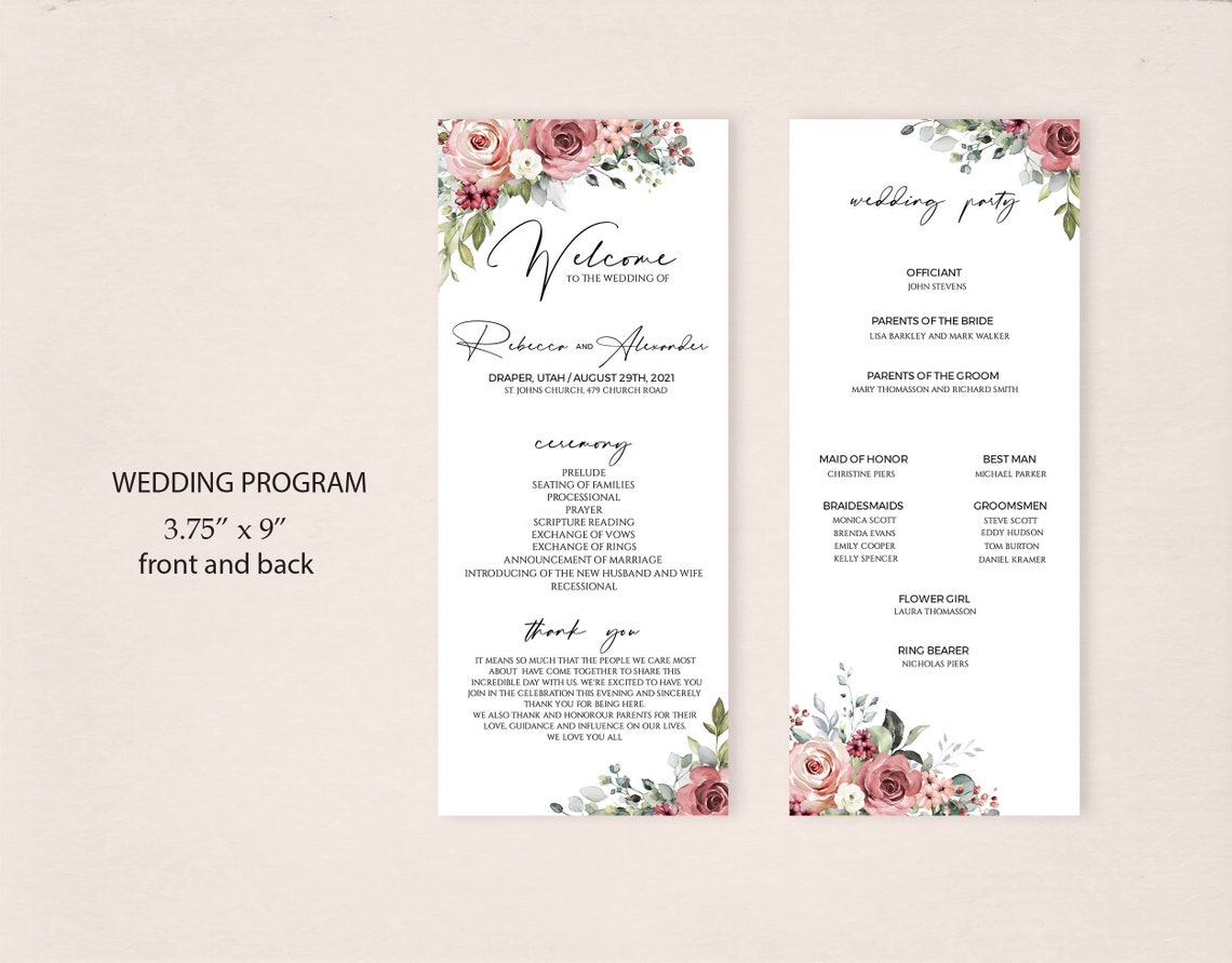 Editable Floral Wedding Program Template, INSTANT DOWNLOAD, Blush and ...