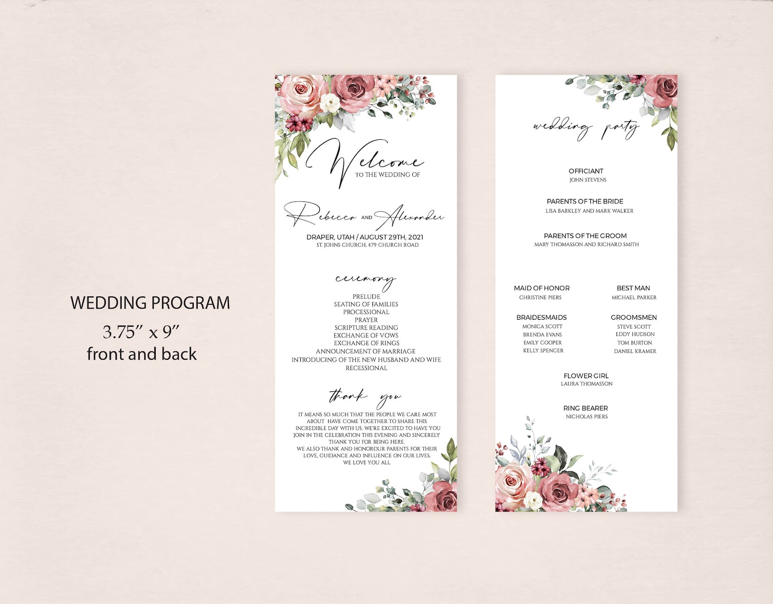 Editable Floral Wedding Program Template INSTANT DOWNLOAD | Etsy