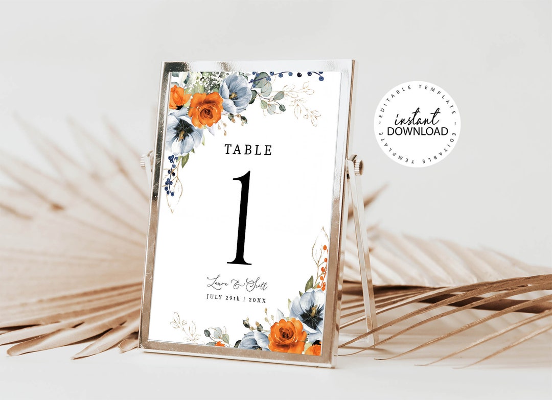 Editable Wedding Table Number Template, INSTANT DOWNLOAD, Orange and ...