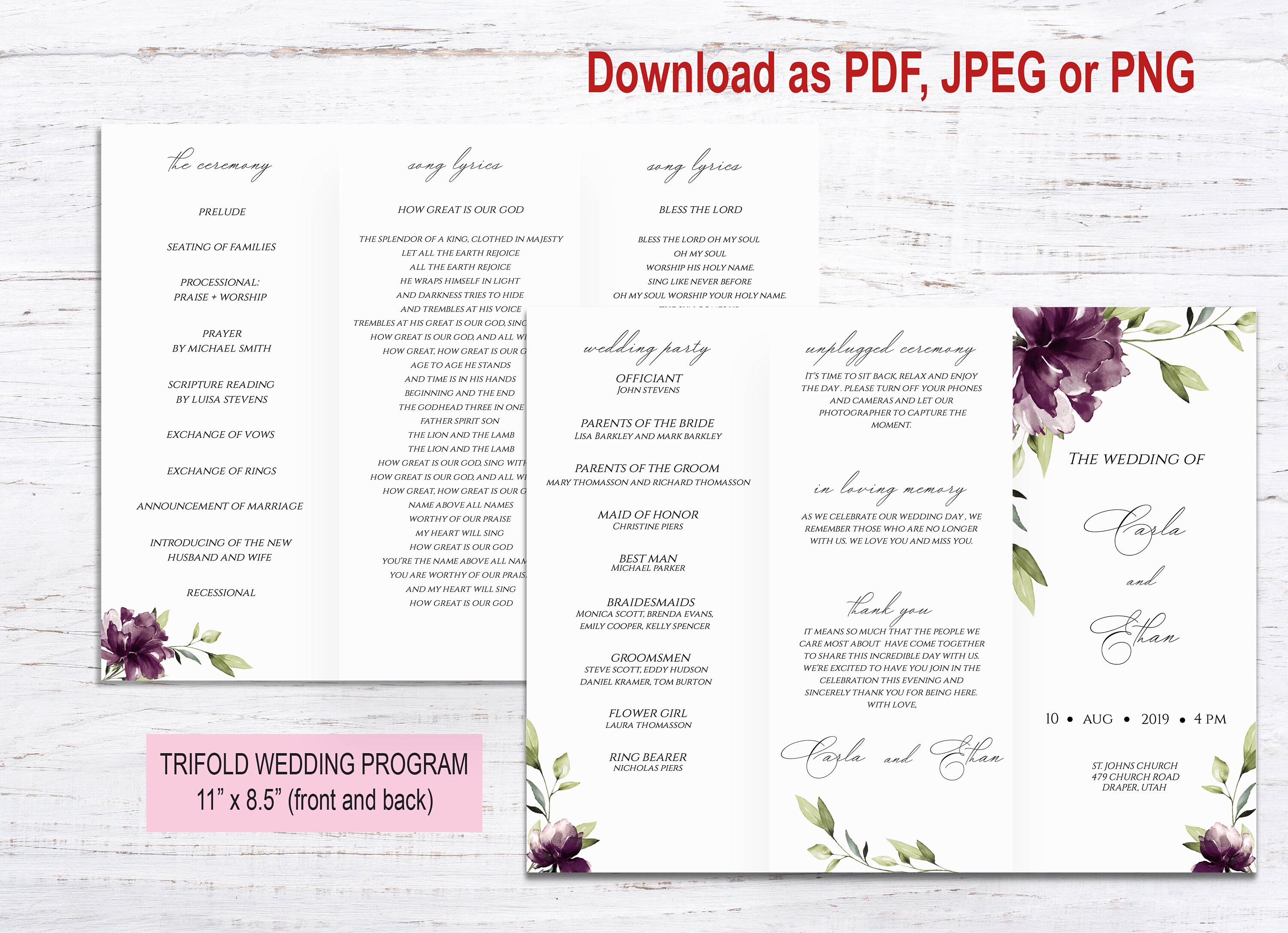 Purple Flowers Trifold Wedding Program Editable Template - Etsy