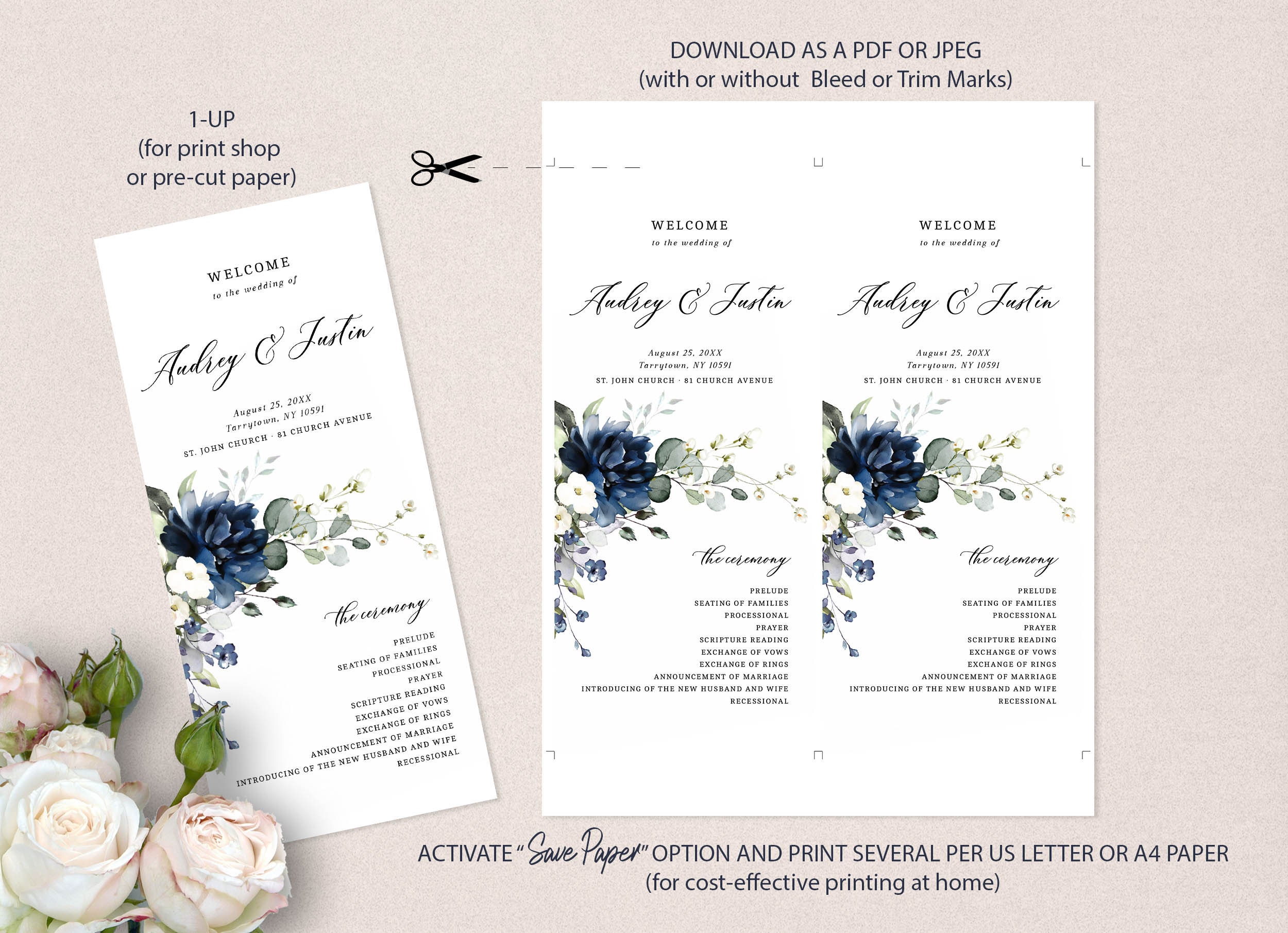 Editable Wedding Ceremony Program Blue and White Floral - Etsy