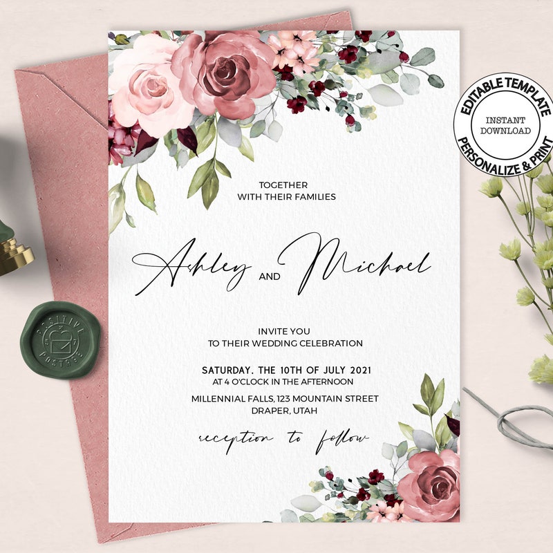 Red Floral Wedding Invitation - Etsy