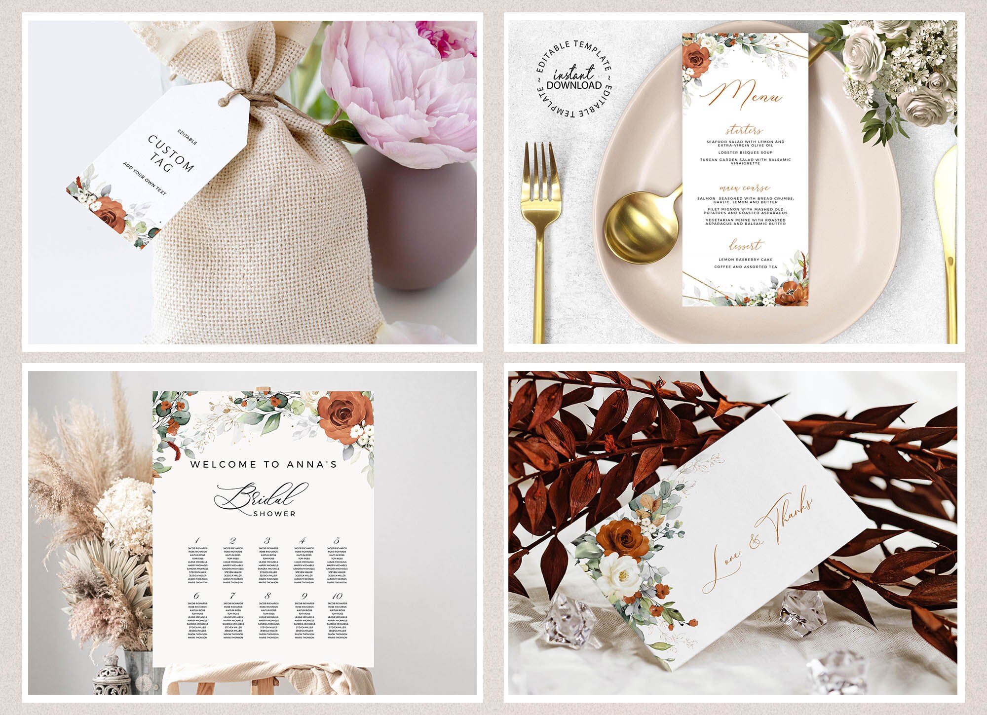 LYRA - Bridal Shower Invitation Bundle, Editable Burnt Orange Bridal ...