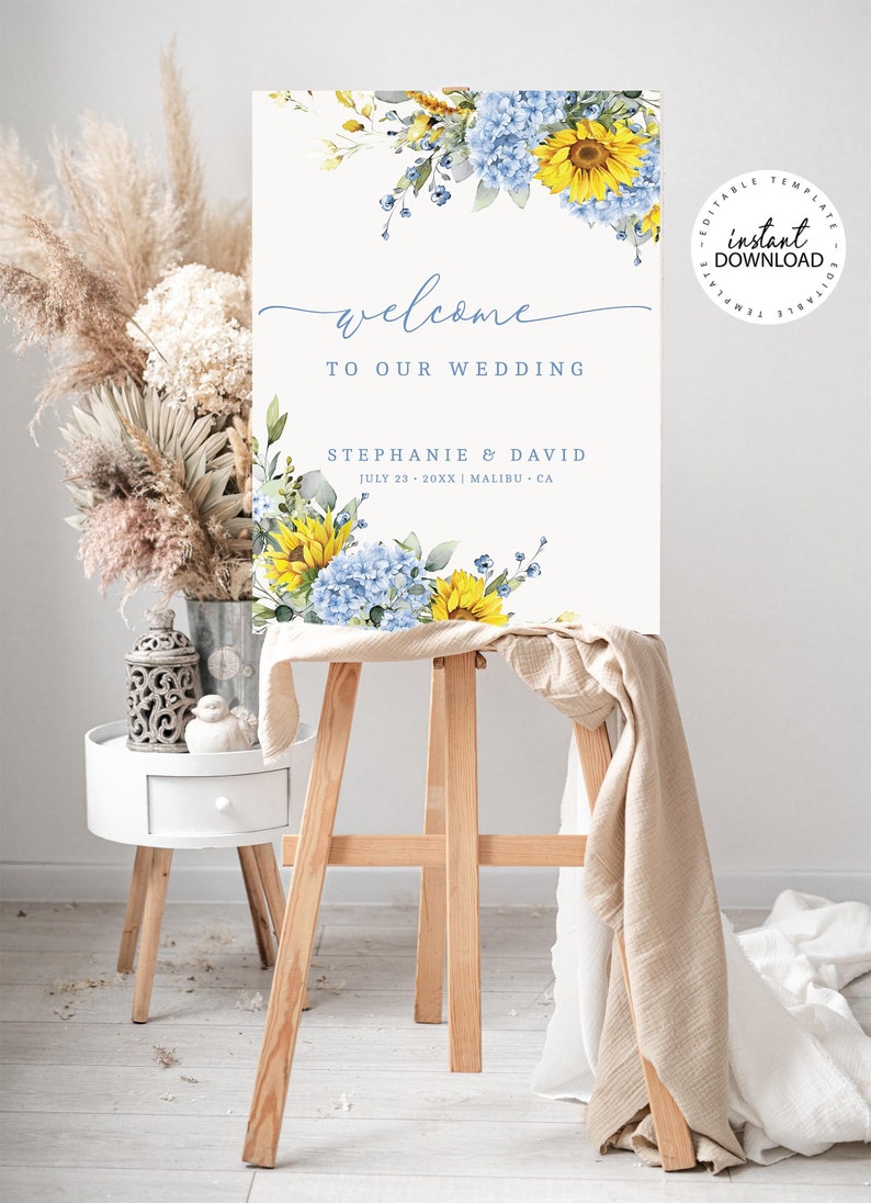 Sunflower Wedding Welcome Sign Template, Editable Rustic Welcome Poster ...
