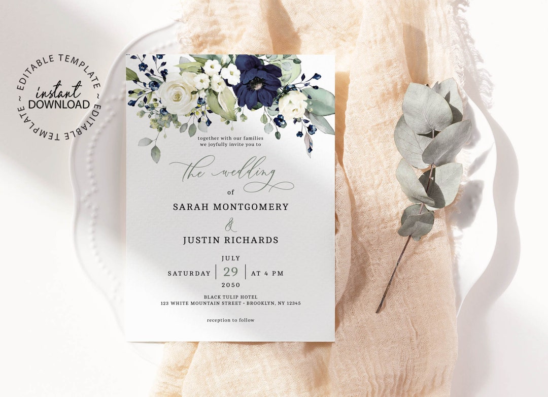 RHEA- Editable Blue and Cream White Invitation, Floral Wedding ...