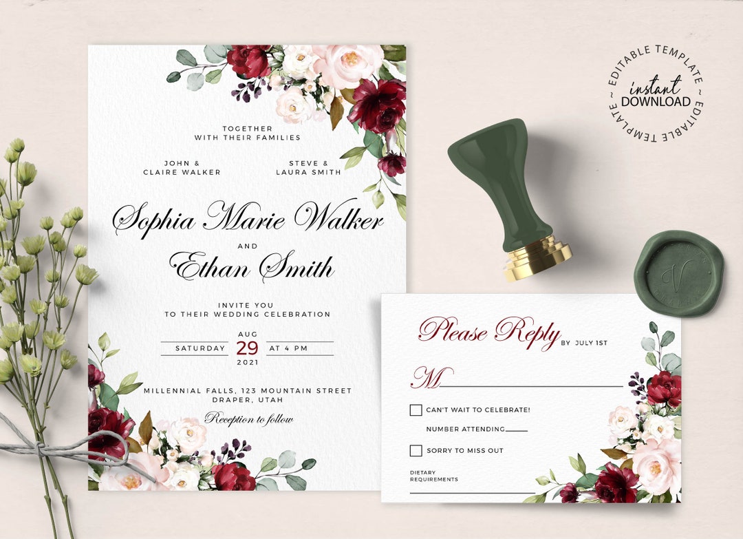 Burgundy Floral Wedding Invitation, Editable Template, Blush and Dark ...
