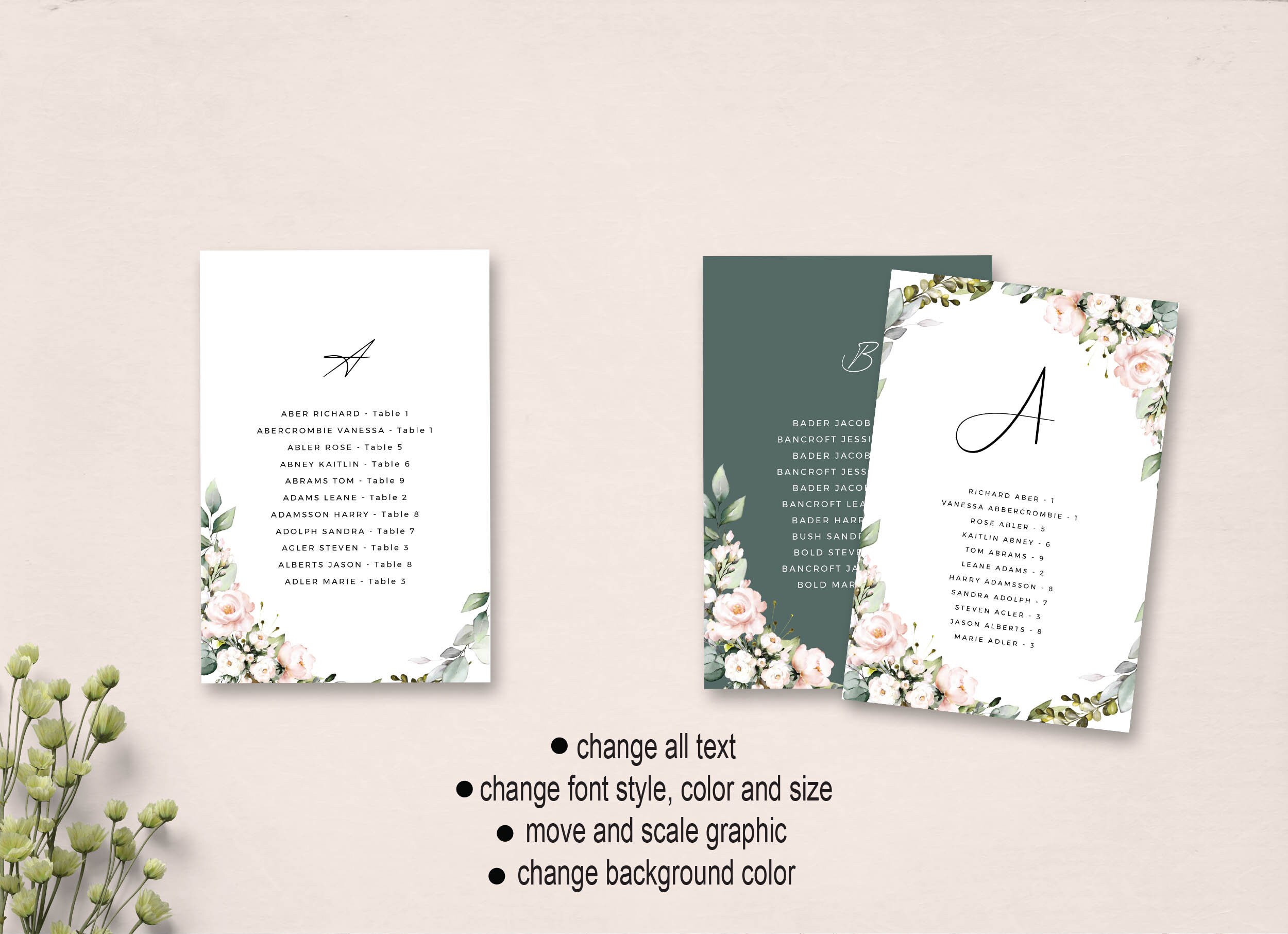 EDEN - Alphabetical Wedding Seating Chart With Cards, Editable Hanging ...