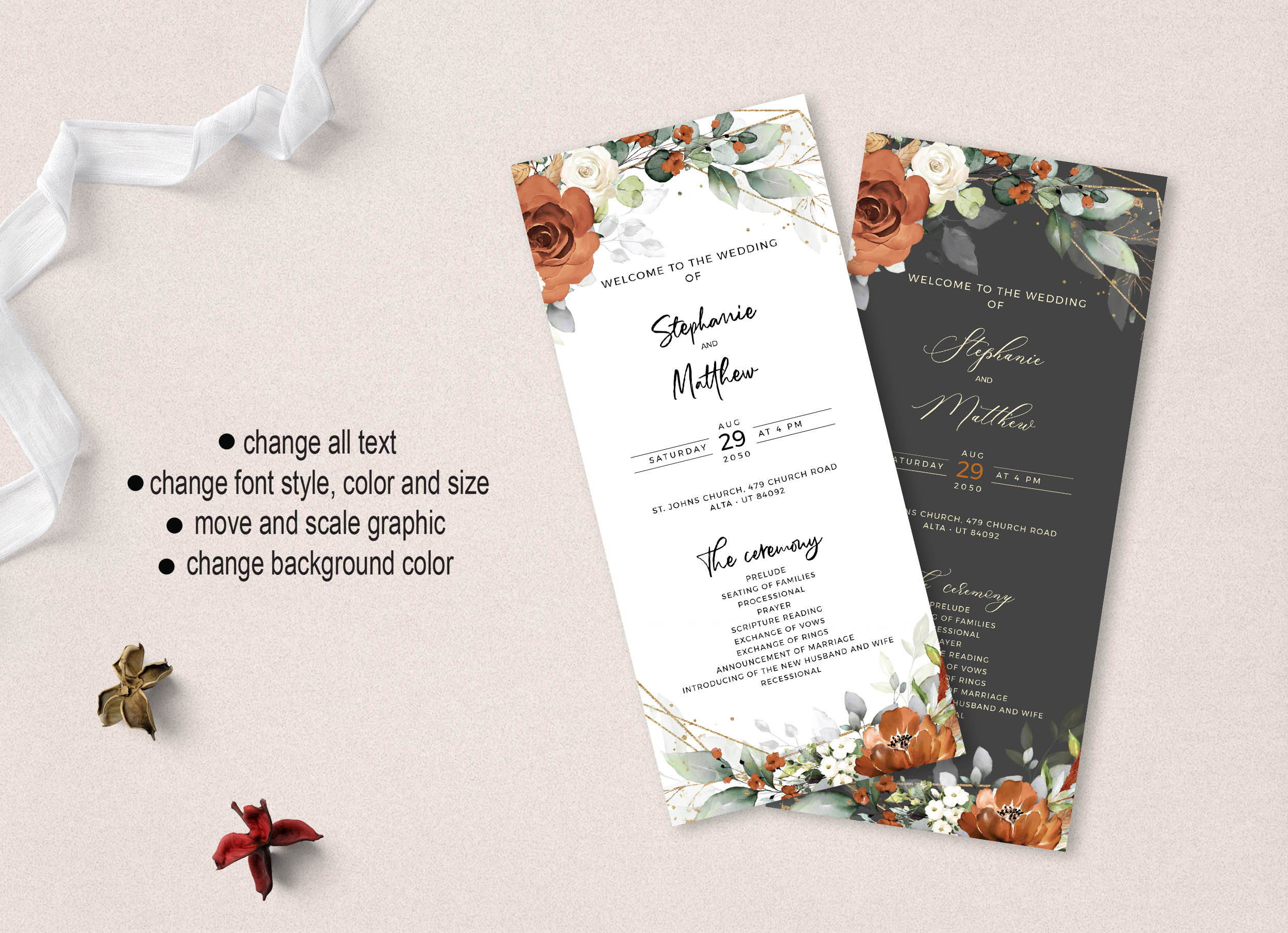 LYRA - Floral Wedding Program Template, INSTANT DOWNLOAD, Burnt Orange ...