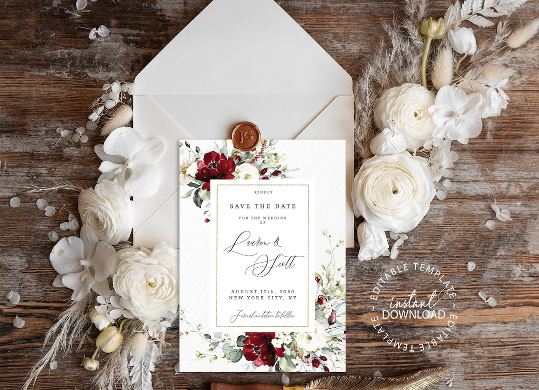 Editable Save the Date Template, Red and White Floral Save the Date ...