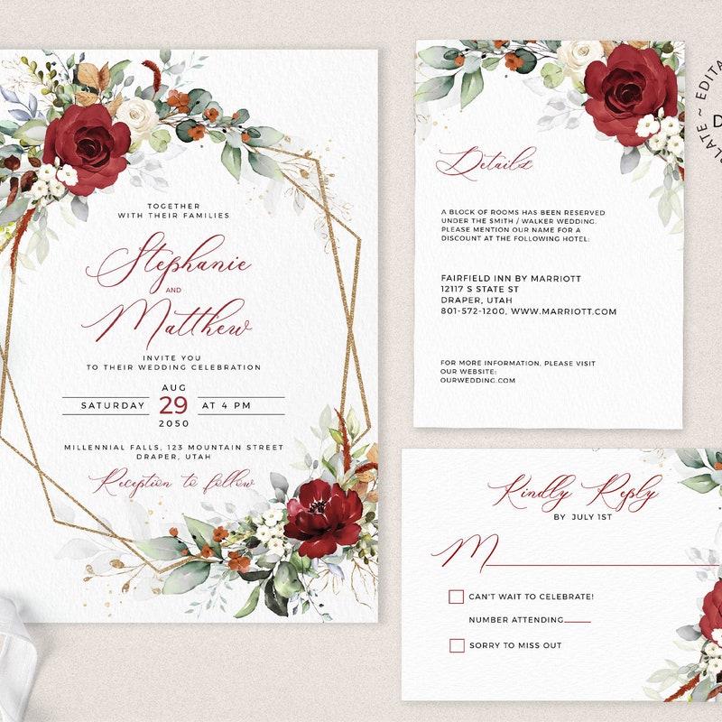 Red Floral Wedding Invitation - Etsy