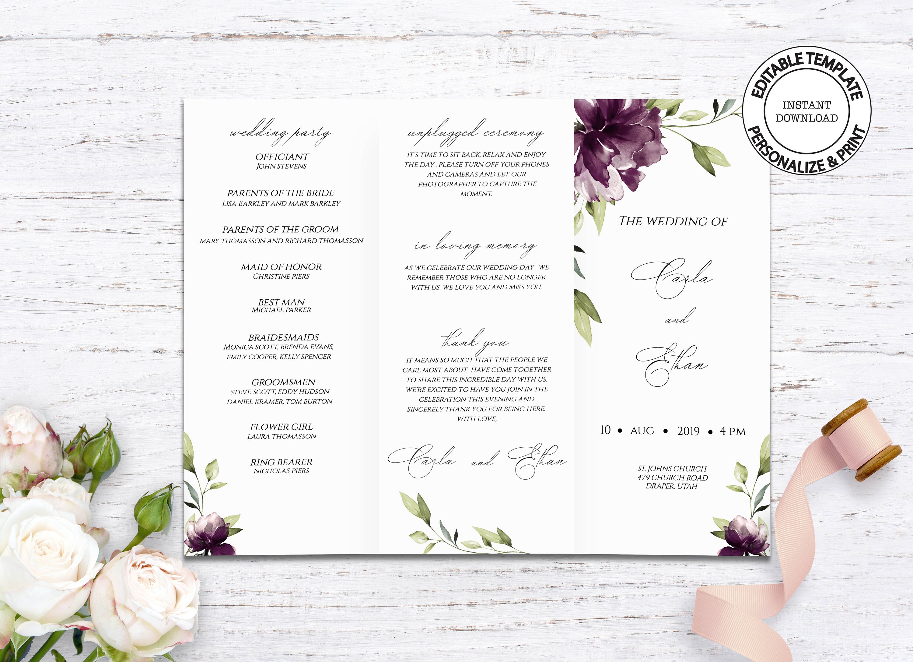 Purple Flowers Trifold Wedding Program Editable Template - Etsy