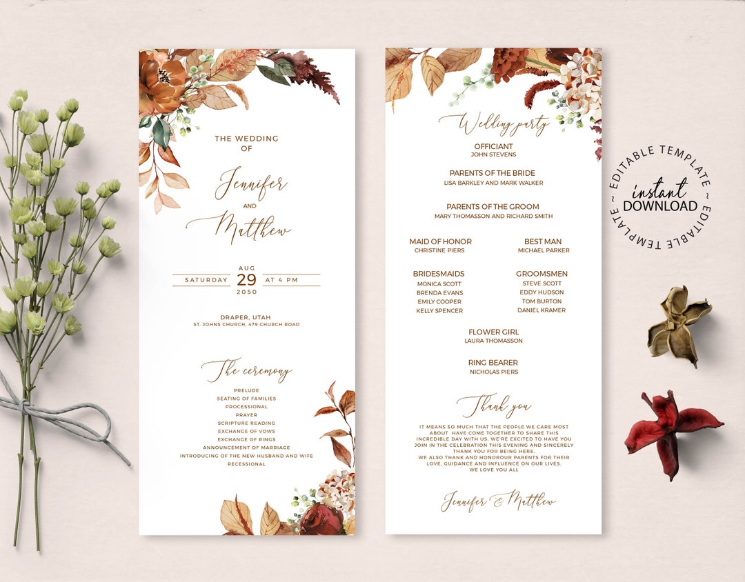 SCARLETT - Fall Floral Wedding Program Template, INSTANT DOWNLOAD ...
