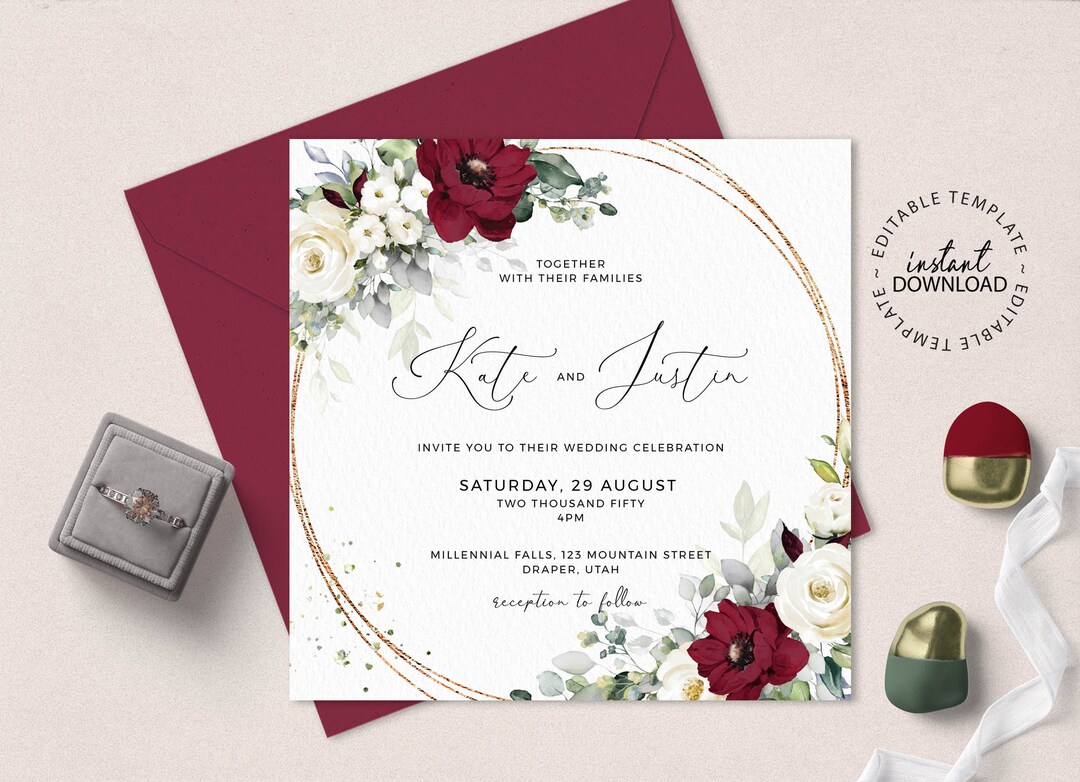 Red and White Floral Wedding Invitation Template, INSTANT DOWNLOAD ...