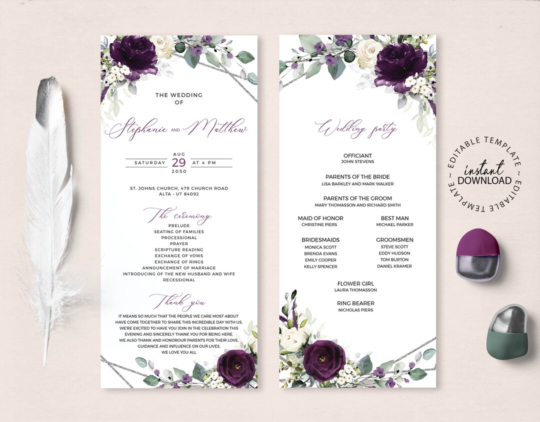 Purple Editable Floral Wedding Program Template, INSTANT DOWNLOAD, Dark ...