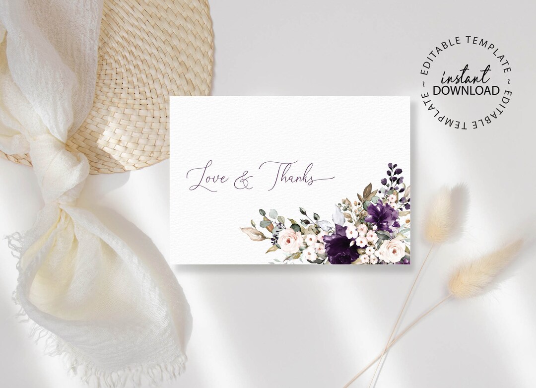 Editable Thank You Card Template With Purple and Pink Flowers, INSTANT ...