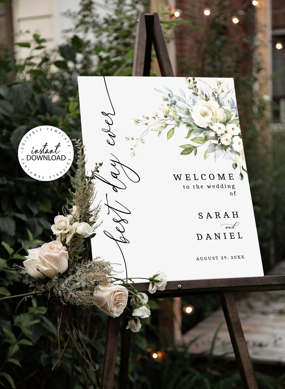 ARYA - Cream White Floral Welcome Sign, INSTANT DOWNLOAD, Wedding ...