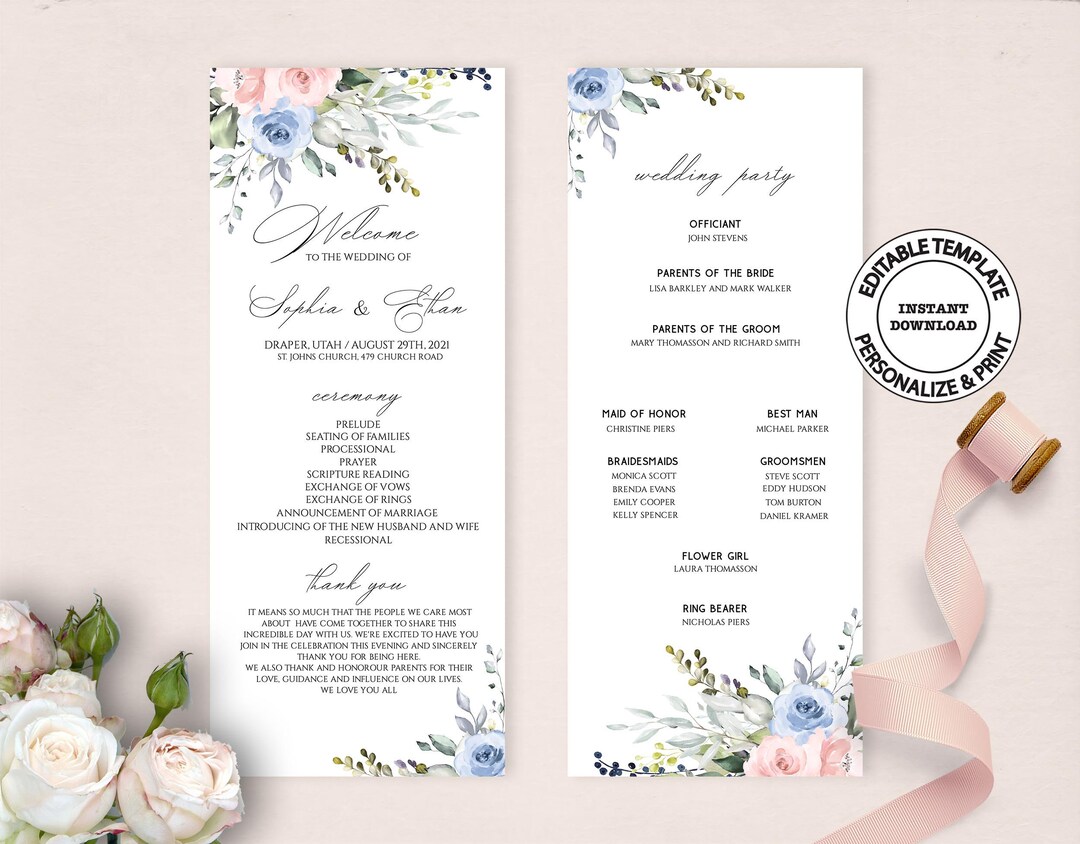 Floral Wedding Program Template, Editable, INSTANT DOWNLOAD, Blush and ...