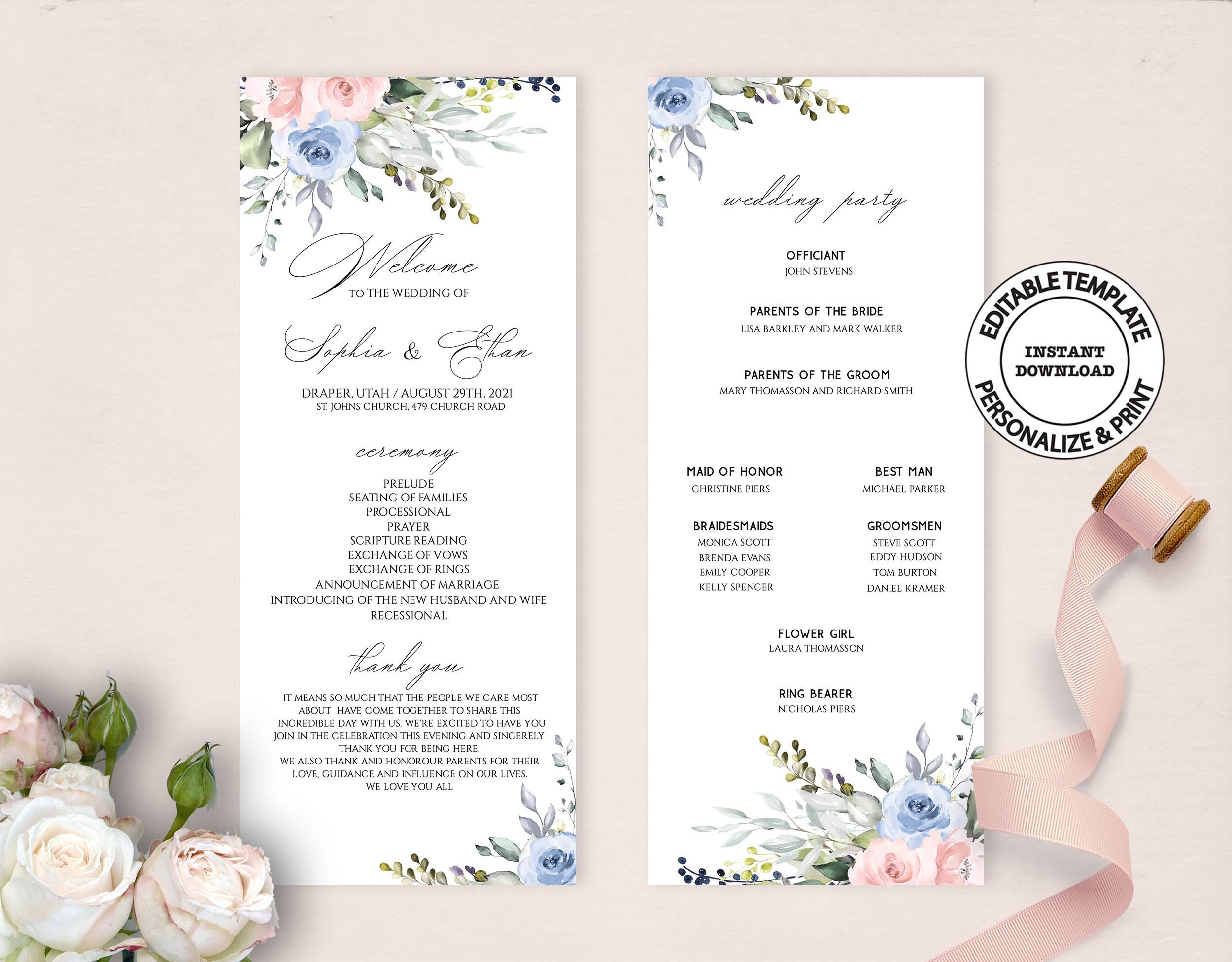 Floral Wedding Program Template, Editable, INSTANT DOWNLOAD, Blush and ...