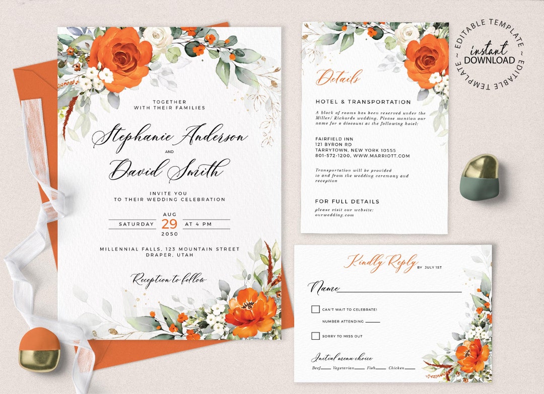 Editable Orange Wedding Invitation Set, INSTANT DOWNLOAD, Orange and ...
