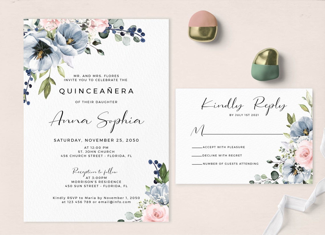 Editable Quinceanera Invitation and RSVP Template Download, Blue and ...