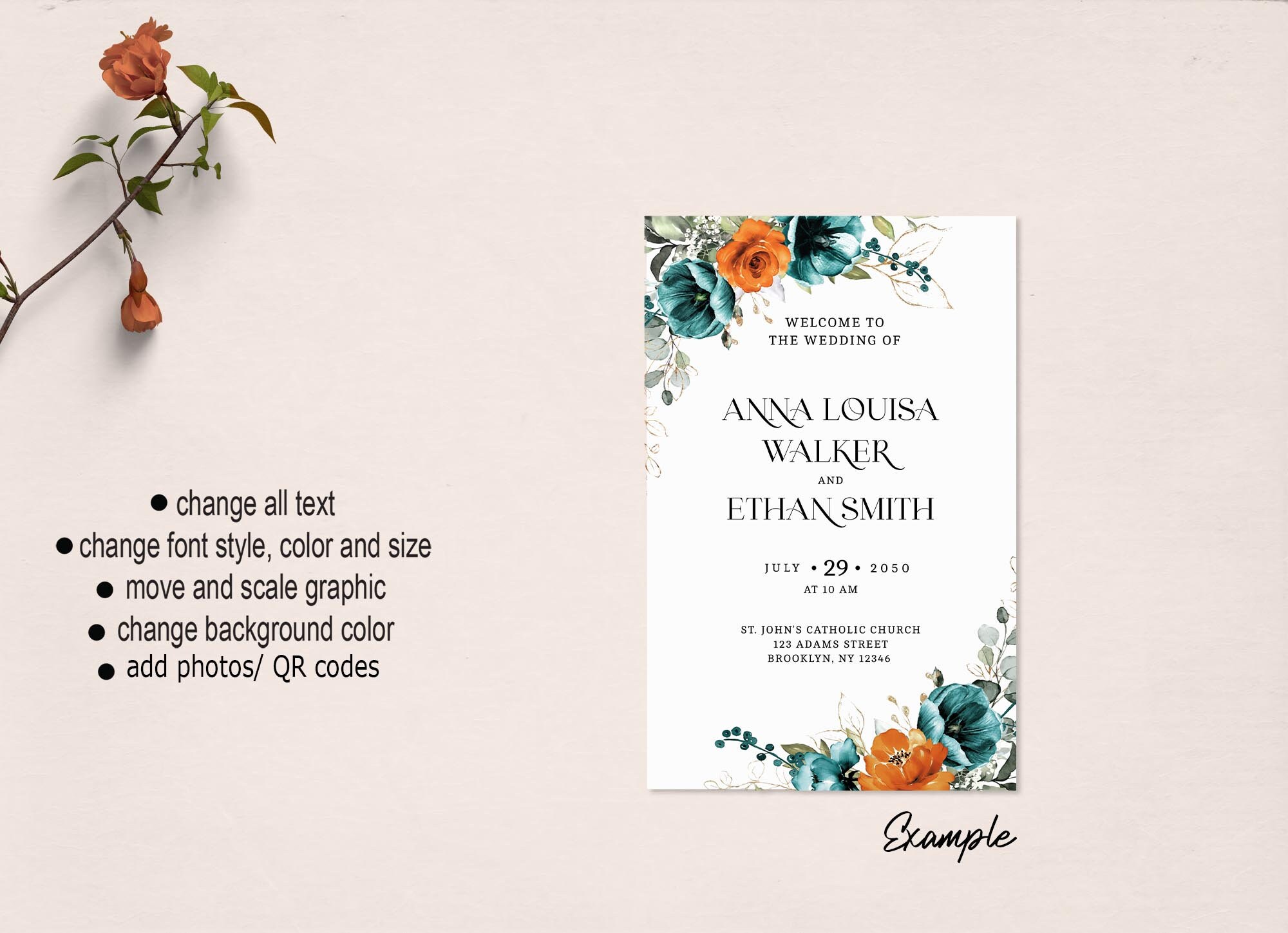 Editable Book Fold Wedding Program Template, INSTANT DOWNLOAD, Teal ...