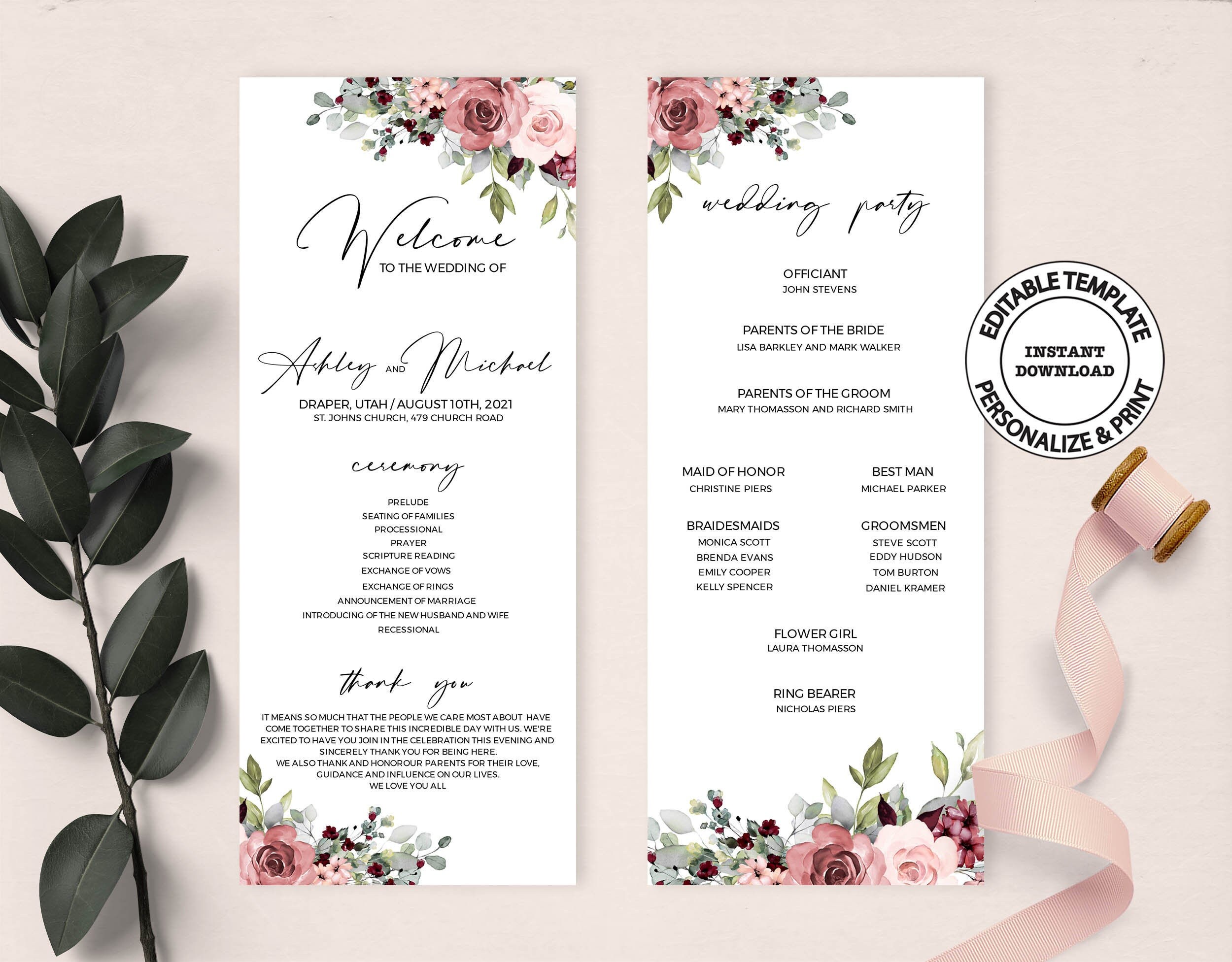 THEA Editable Floral Wedding Program Template INSTANT - Etsy