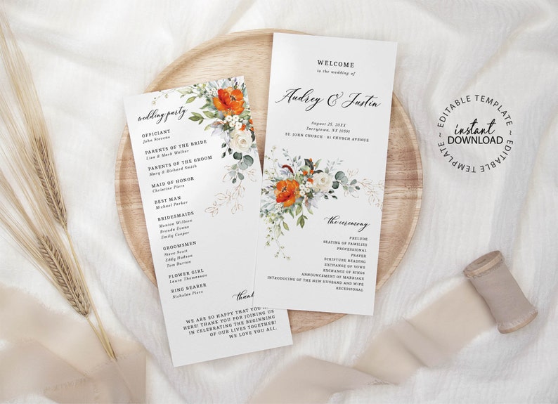 Floral Wedding Program Template INSTANT DOWNLOAD Orange and - Etsy
