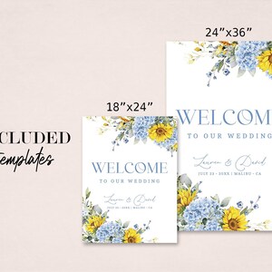 Sunflower and Blue Hydrangeas Wedding Welcome Sign Template, Editable ...
