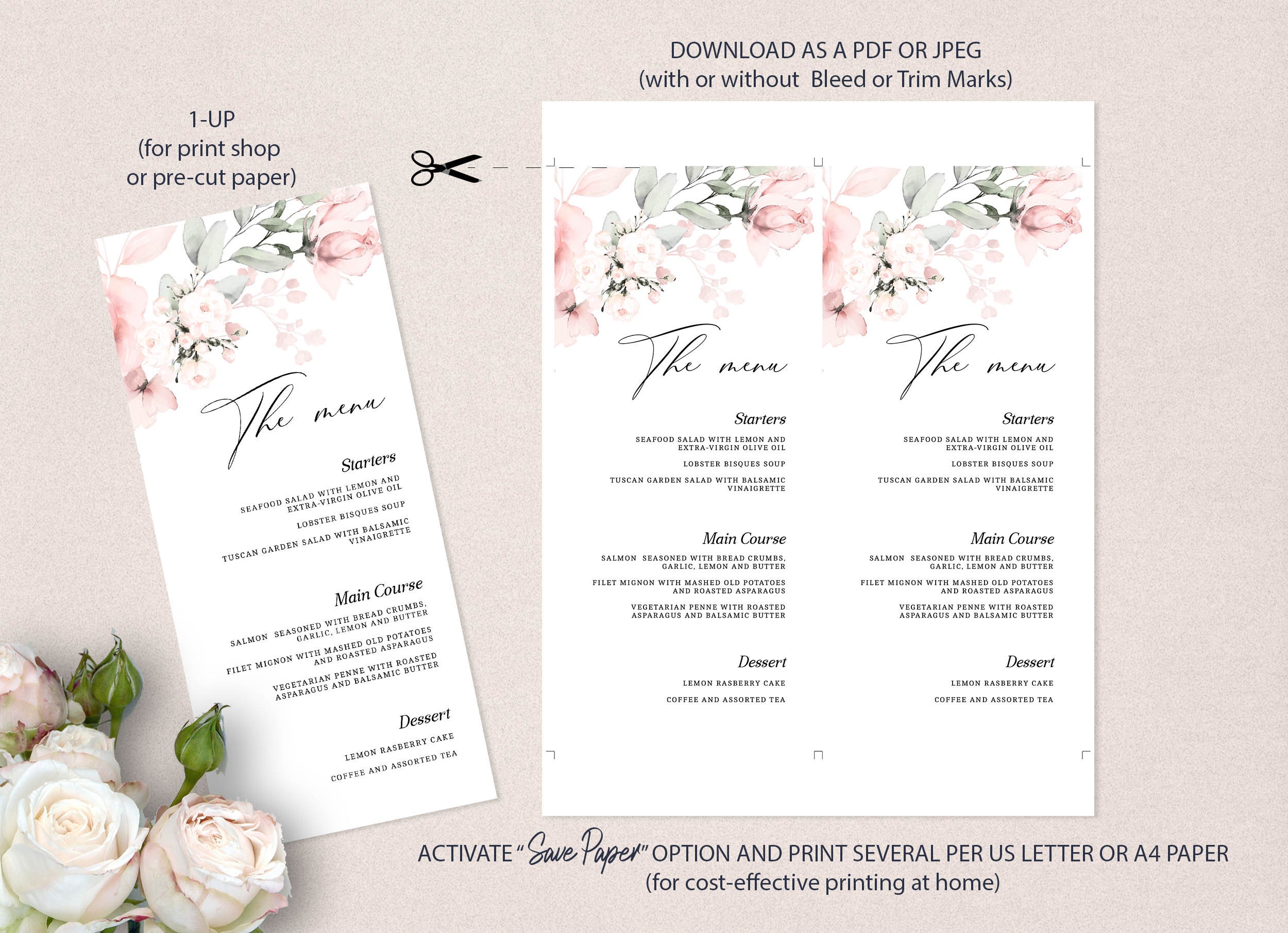 Editable Wedding Menu Pale Rose Printable Menu for Bridal - Etsy