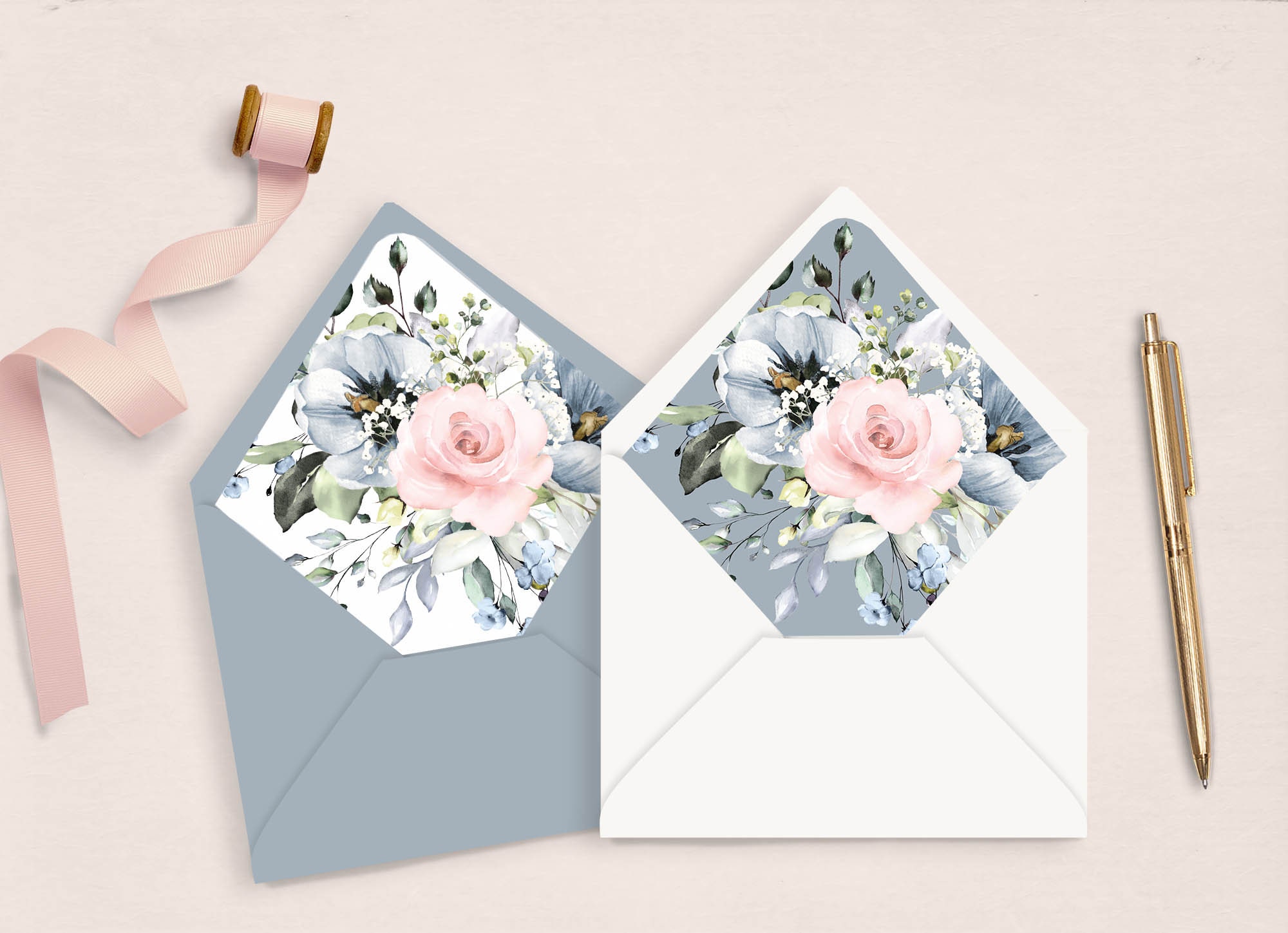 SERENE - Floral A7 Wedding Envelope Liner Template With Blue Flowers ...