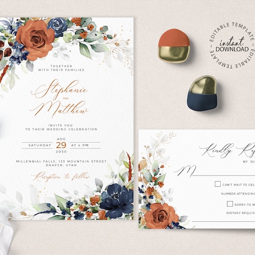 Orange Floral Wedding Invitation Editable Template Rustic - Etsy