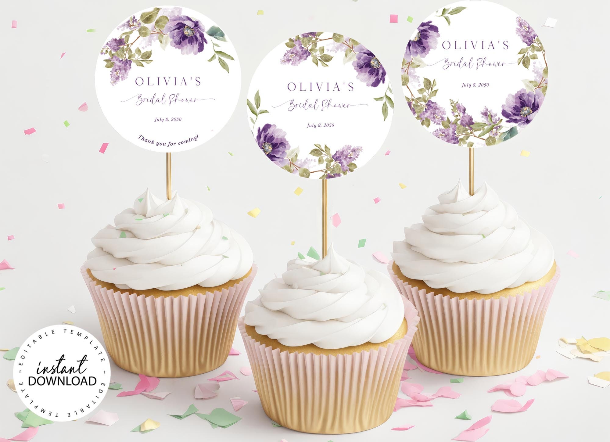 Editable Purple Floral Shower Cupcake Toppers, 2' Cupcake Topper ...