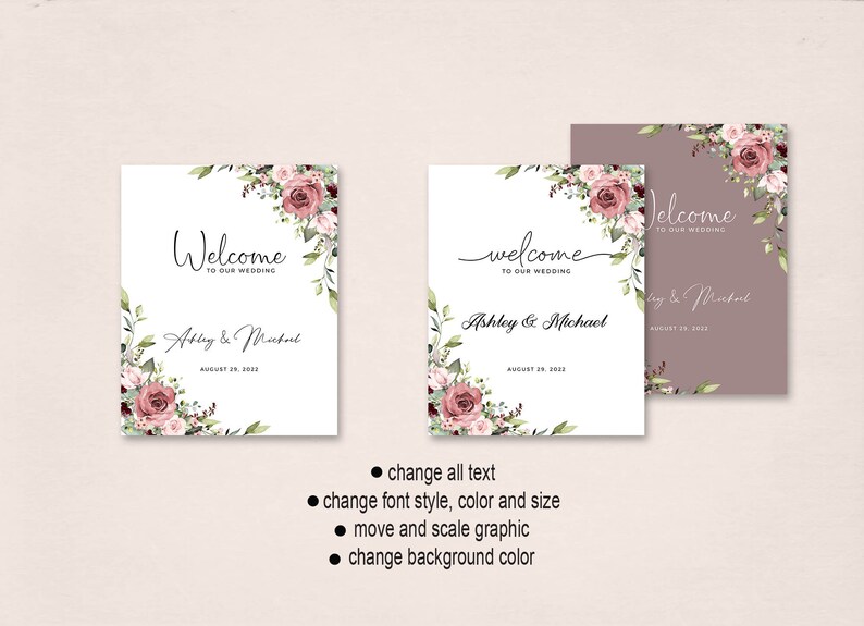 THEA - Blush Pink Floral Welcome Sign Template, Editable Wedding ...