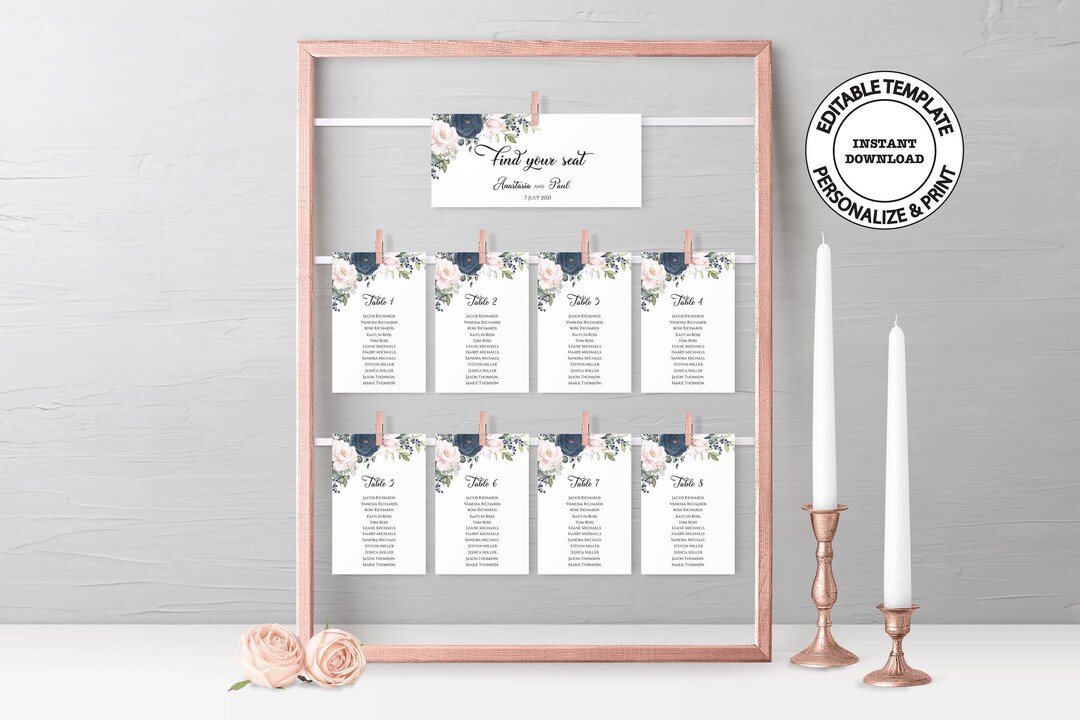 Editable Seating Chart With Cards Template, INSTANT DOWNLOAD, Navy Blue ...