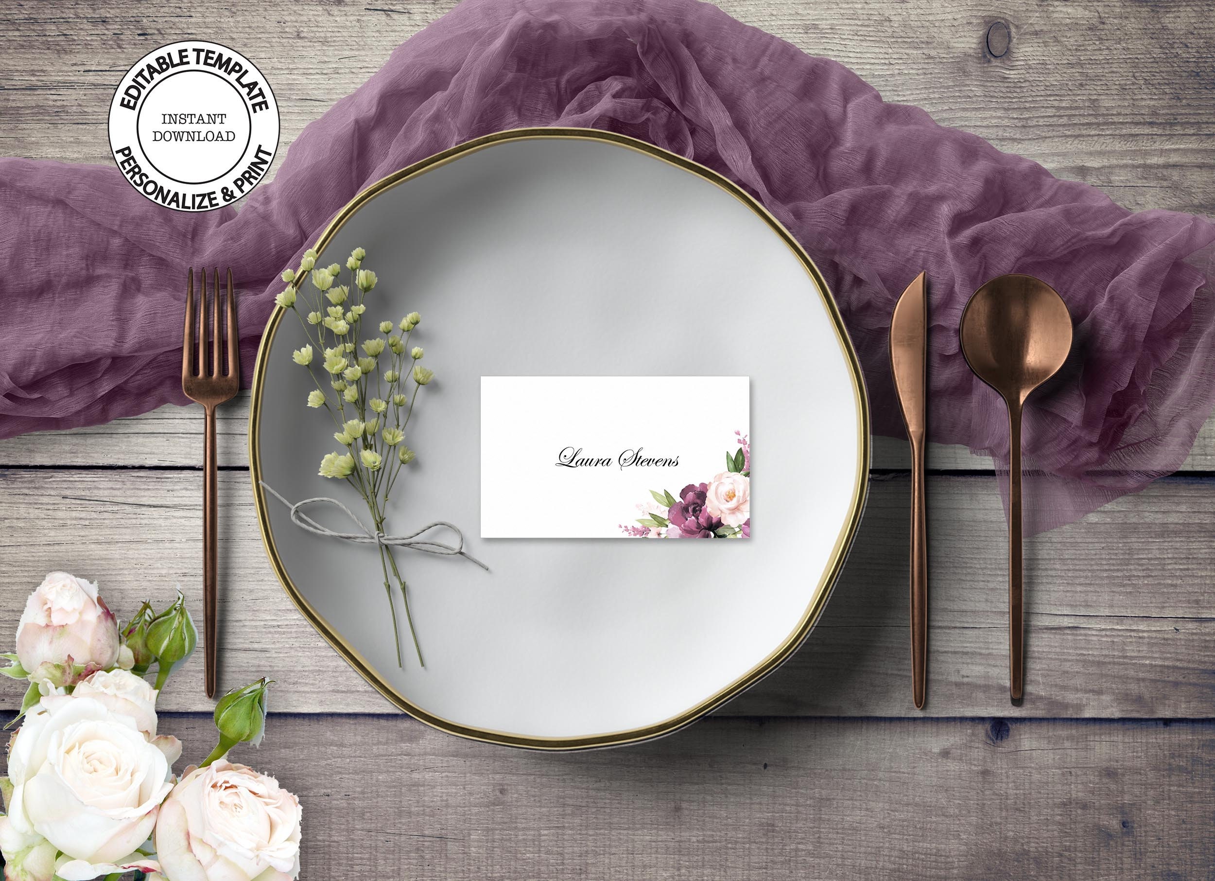 Editable Place Cards Template, INSTANT DOWNLOAD, Mauve Pink and Pale ...