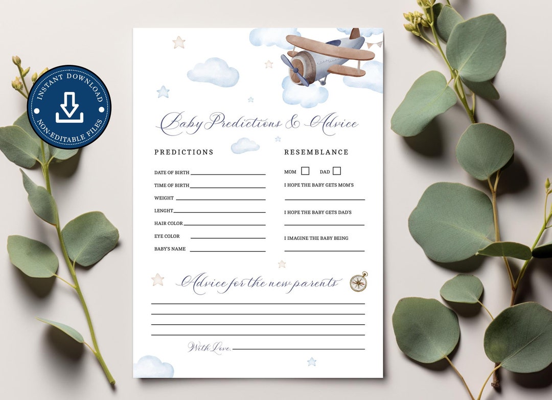 Printable Predictions and Advice for Parents, Blue Airplane Baby Boy ...