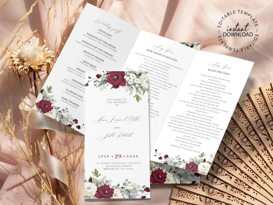Editable Wedding Program Template, INSTANT DOWNLOAD, Red and White ...