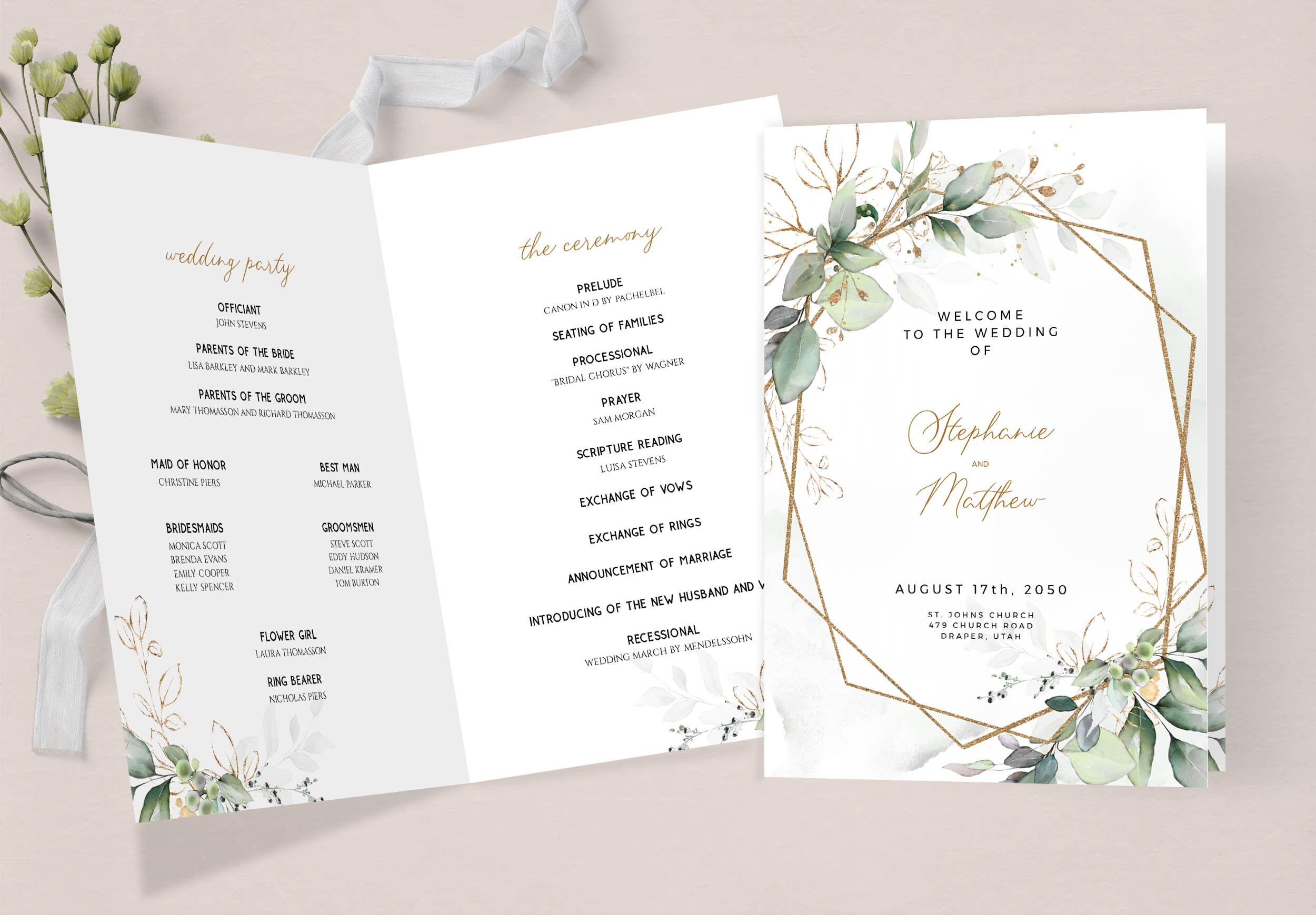 MEIRA - Bi-fold Wedding Program Template, Greenery and Faux Gold ...