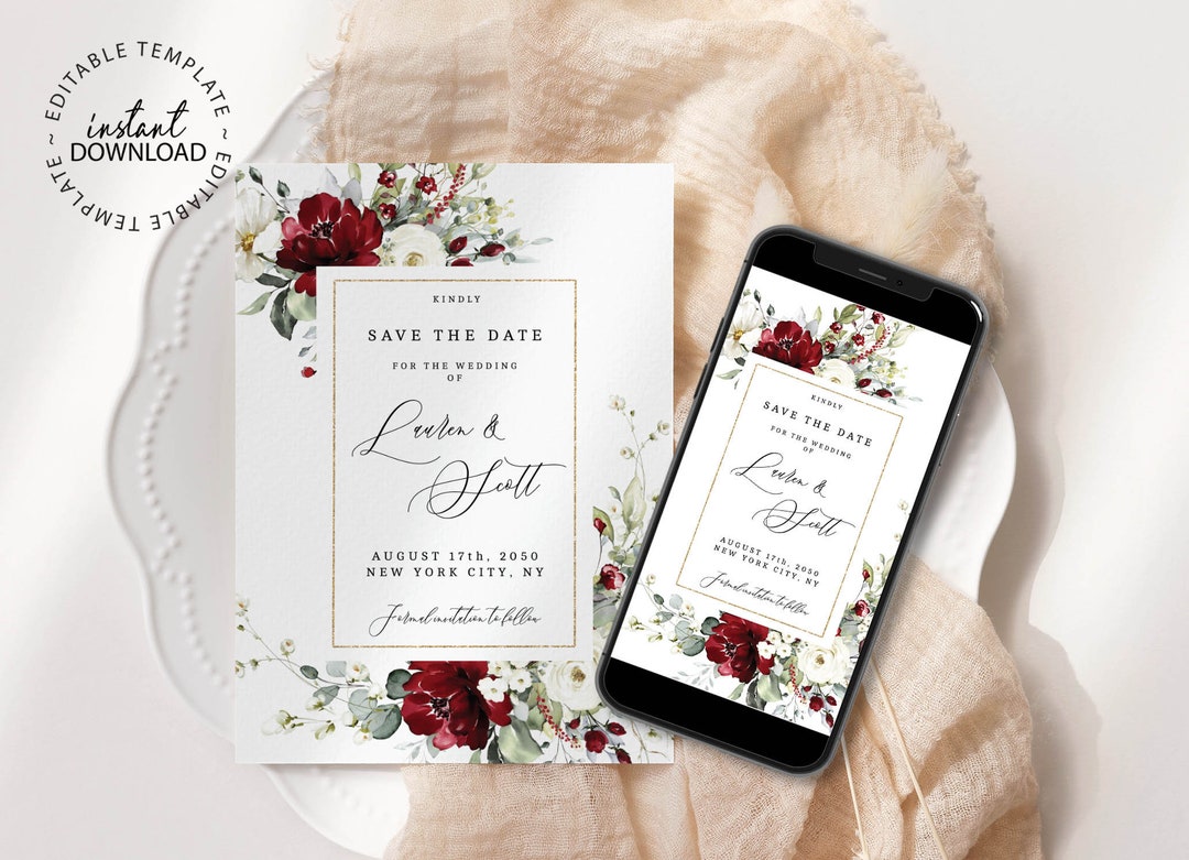 Editable Save the Date Template, Red and White Floral Save the Date ...