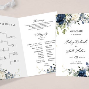 Editable Bi-fold Wedding Program Template, INSTANT DOWNLOAD, Blue and ...