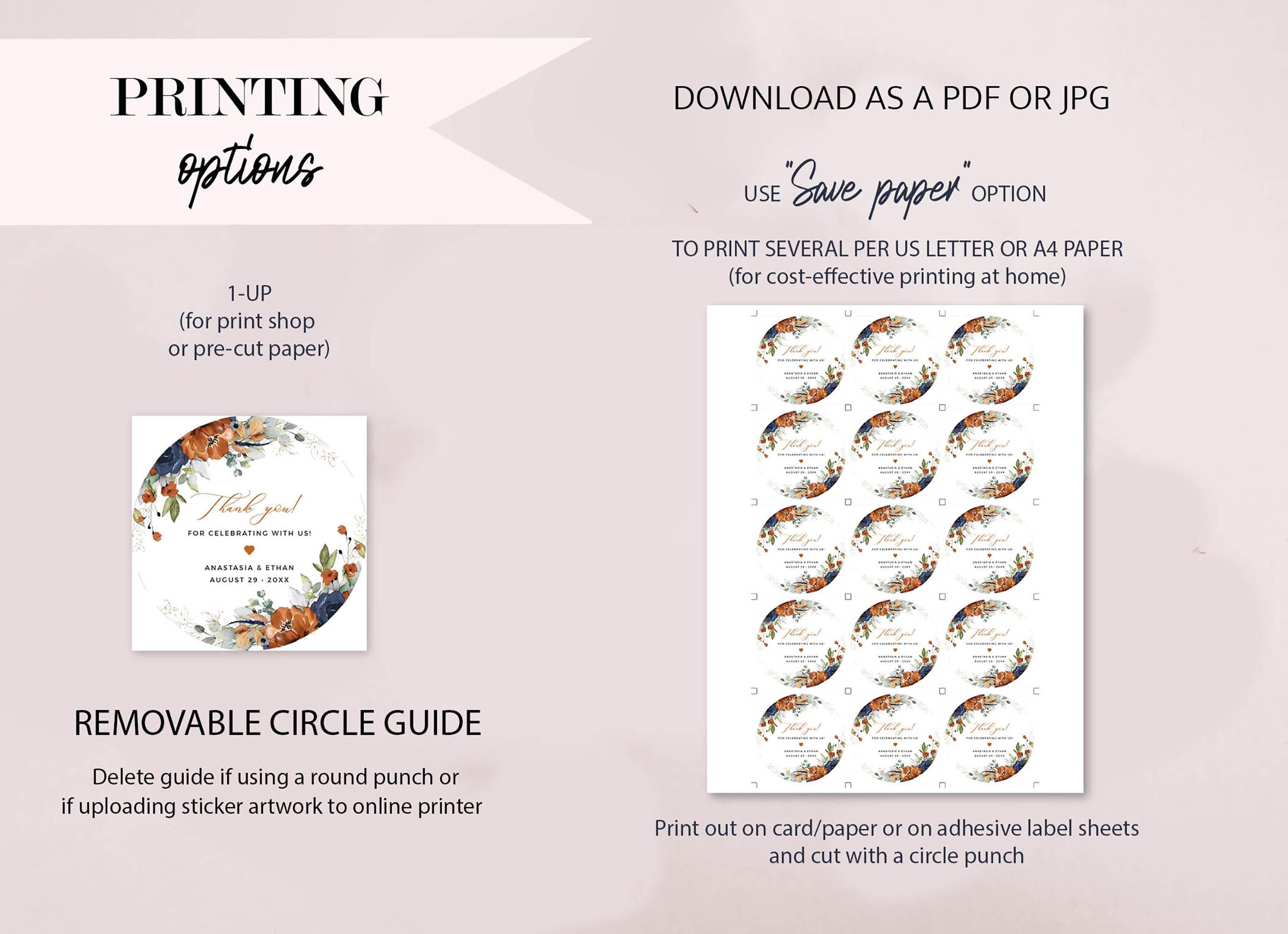 SIA - Editable Round Favor Tag Template, Floral Burnt Orange and Blue ...