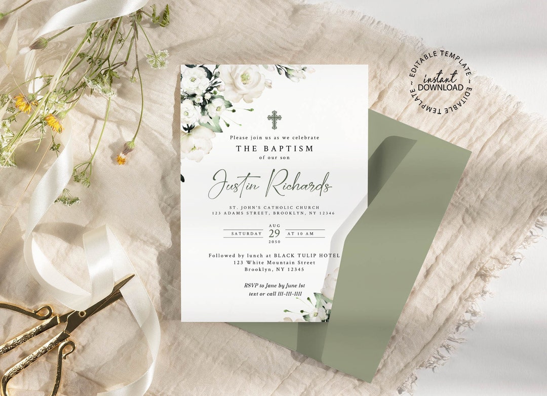 Editable Baptism Invitation Template, White Floral Christening Invites ...