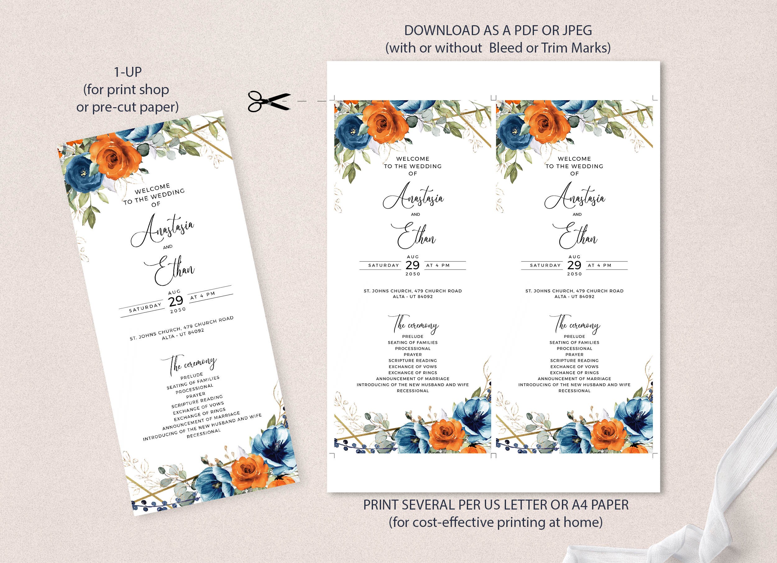 Editable Floral Wedding Program Template Blue and Orange - Etsy