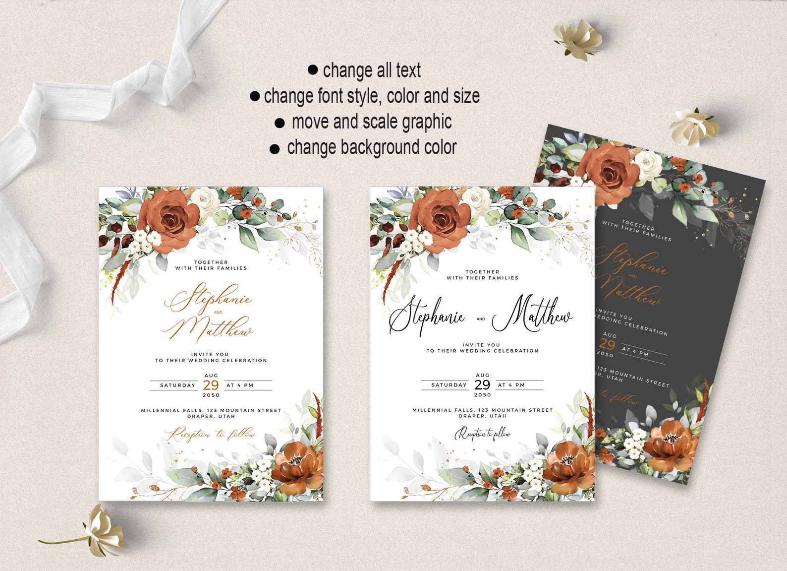 LYRA - Editable Burnt Orange Wedding Invitation Template, INSTANT ...