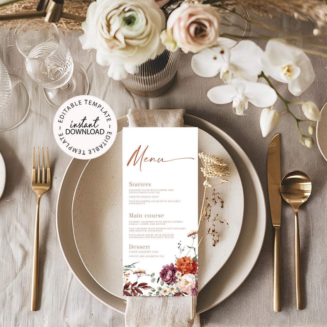 Editable Orange Floral Wedding Menu Template, Fall Wedding Table Menus ...