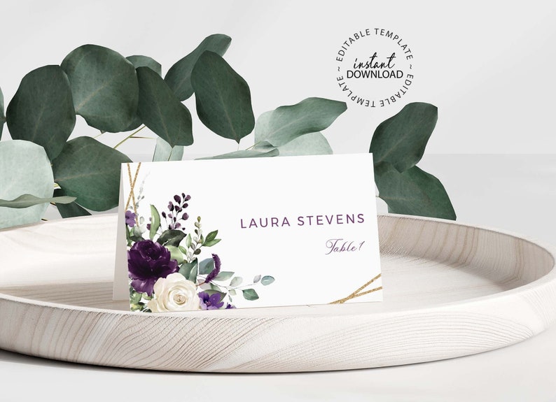 Floral Wedding Place Cards Template, INSTANT DOWNLOAD, Editable Purple ...